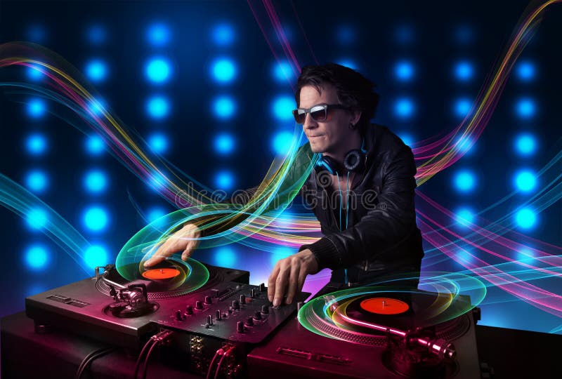 Young Dj Mixing Records with Colorful Lights Stock Illustration ...
