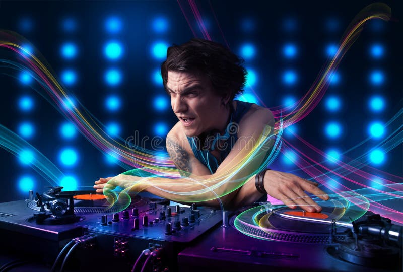 Young Dj Mixing Records with Colorful Lights Stock Photo - Image of ...