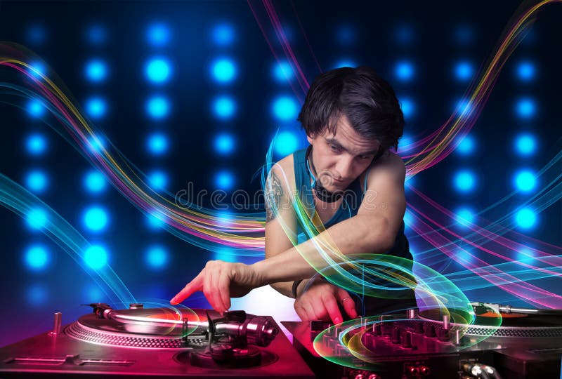 Young Dj Mixing Records with Colorful Lights Stock Image - Image of ...