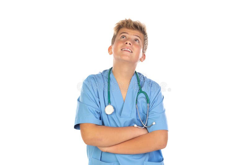 Young Doctor with Blue Uniform Stock Image - Image of pensive, perfect ...