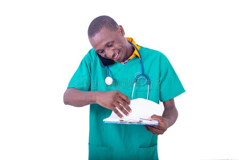 Young Doctor with Notepad and on Cellphone, Smiling Stock Image - Image ...