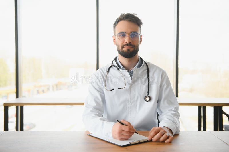 Young Doctor Sitting in His Office Behind a Desk Stock Image - Image of ...