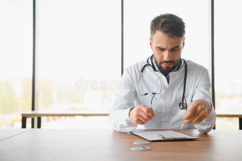 Young Doctor Sitting in His Office Behind a Desk Stock Photo - Image of ...