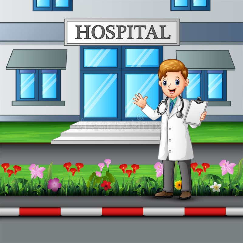 Young Doctor Standing in Front of Hospital Building Stock Vector ...