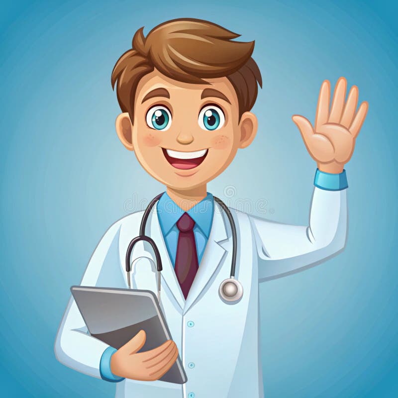 Young Doctor Waving with a Tablet in Hand Stock Illustration ...