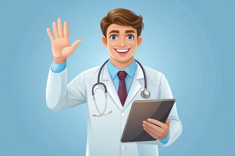 Young Doctor Waving with a Tablet in Hand Stock Illustration ...