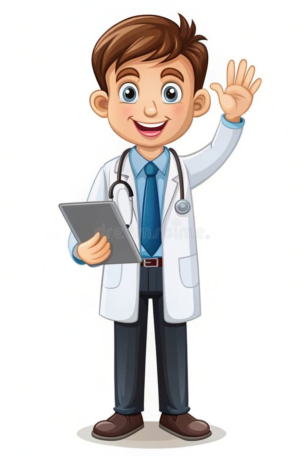 Young Doctor Waving with a Tablet in Hand Stock Illustration ...