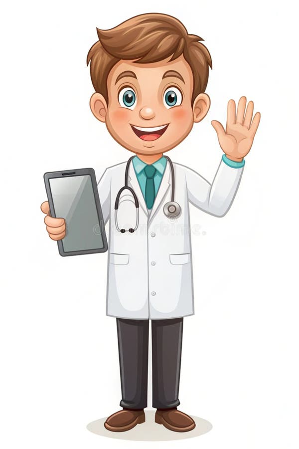 Young Doctor in White Coat Waving with a Tablet Stock Illustration ...