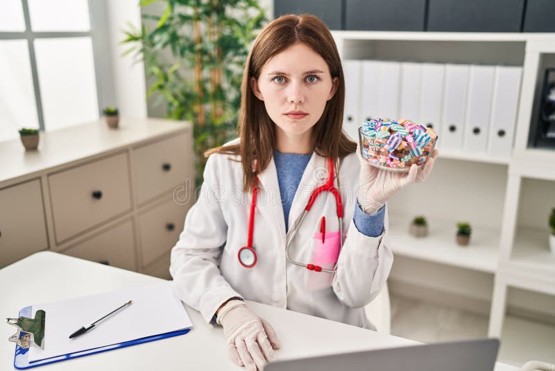 Young Doctor Woman Holding Sweets Candy Scared and Amazed with Open ...