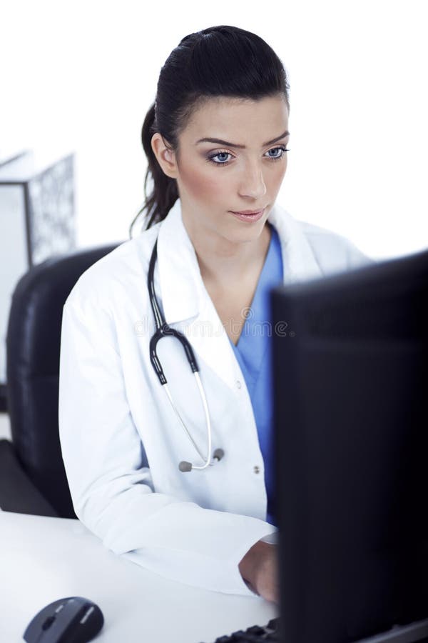 Nurse Sitting and Working at Her Computer Stock Image - Image of office ...
