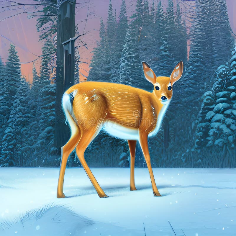 A Young Doe in the Snow stock illustration. Illustration of grazing ...