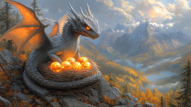 A Young Dragon Guards Its Golden Eggs Nestled in a Mountain Nest Stock ...