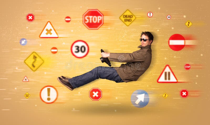 Young Driver with Road Signs Around Him Stock Image - Image of fine ...
