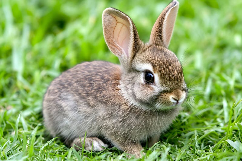 A Young Eastern Cottontail Rabbit Sitting in Tall Green Grass in Soft ...