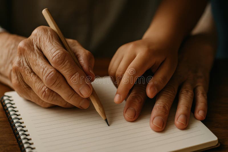 Young and Elderly Hands Cooperate in Writing on a Notepad, Symbolizing ...