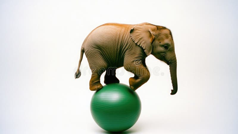 Young Elephant Balancing Skillfully on a Green Exercise Ball in a ...
