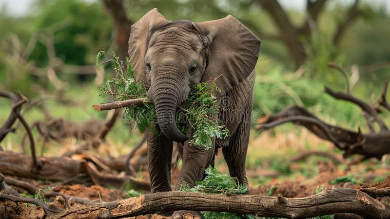 Young Elephant Carrying Tree Branch. Generative Ai Stock Image - Image ...