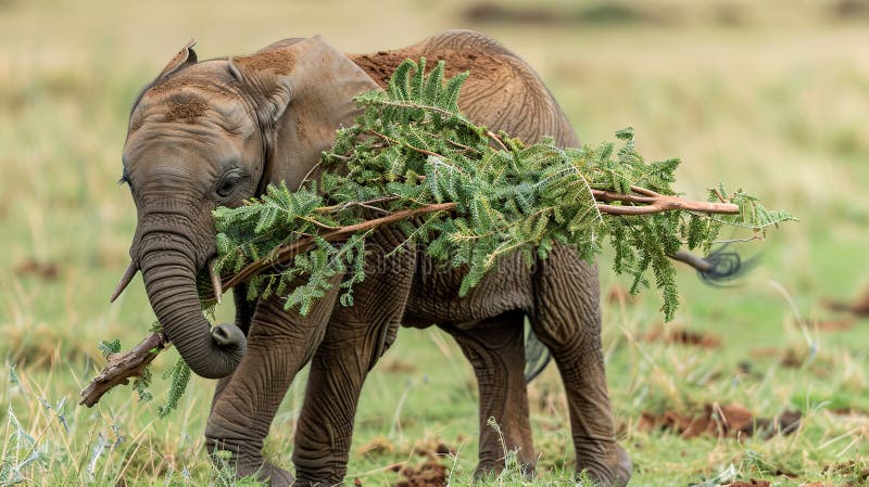 Young Elephant Carrying Tree Branch. Generative Ai Stock Image - Image ...
