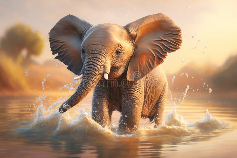 Young Elephant Plays in Water .AI Generated Illustration Stock ...