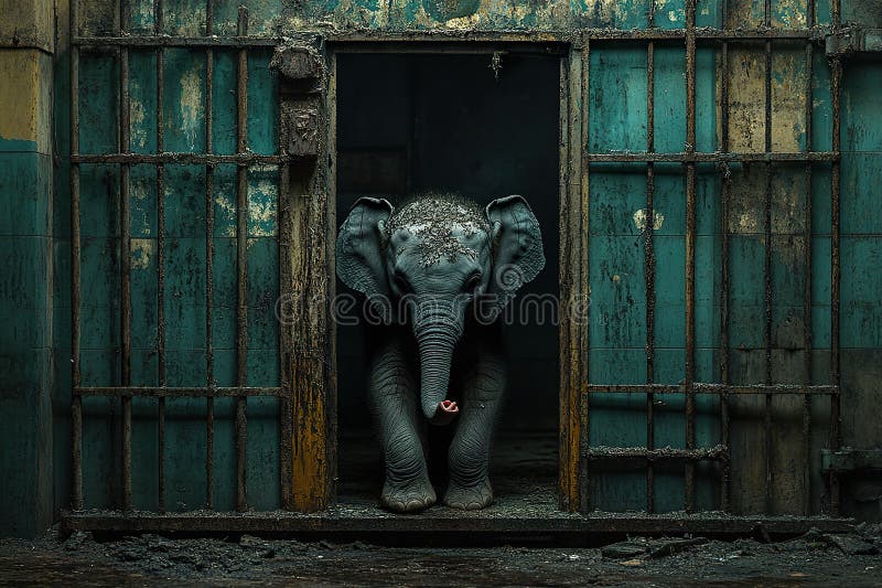 Young Elephant Stands in a Rusty Cage Stock Image - Image of enclosure ...