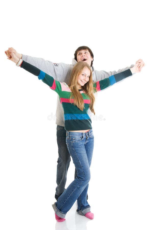 Young Embracing Smiling People Taking Photograph by Cellphone Stock ...