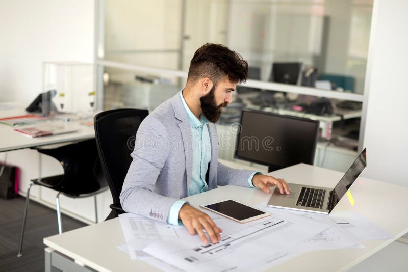 Young Employee Working on Computer during Working Day in Office Stock ...