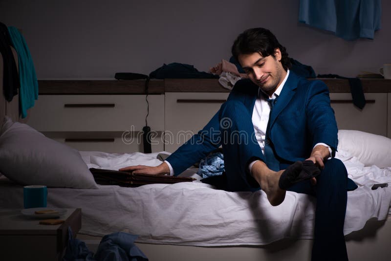 Young Employee Working at Home after Night Shift Stock Photo - Image of ...