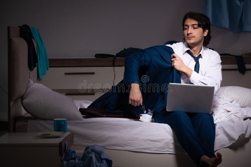 Young Employee Working at Home after Night Shift Stock Image - Image of ...