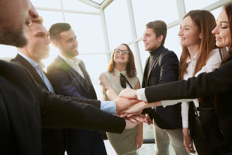 Young Employees Joining Their Palms Over the Desk. Stock Photo - Image ...