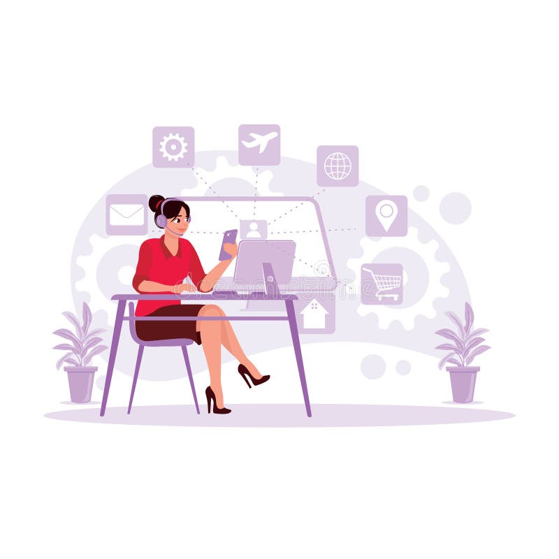 Young Employees Using Headphones Access Communication Network Services ...