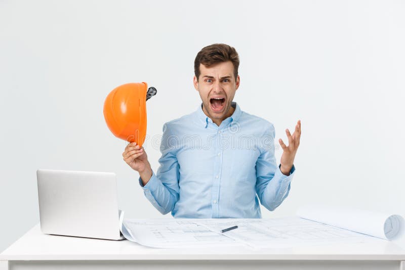 Crazy Engineer or Architect Man with His Project in His Office. Angry ...
