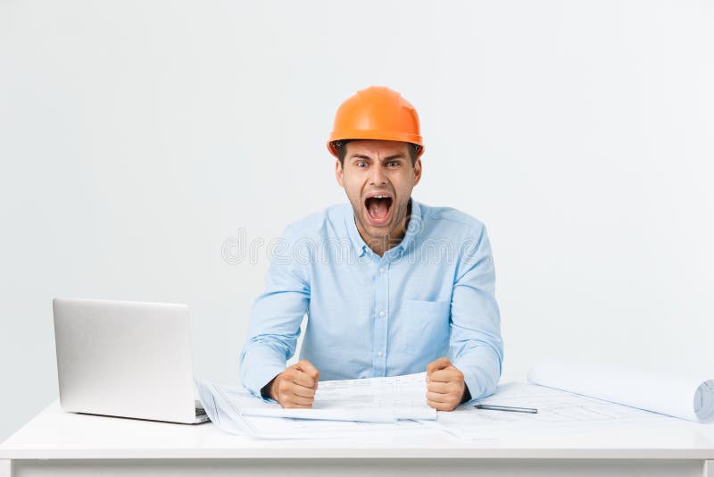 Young Engineer Angry during Working with Laptop in Office Building Site ...