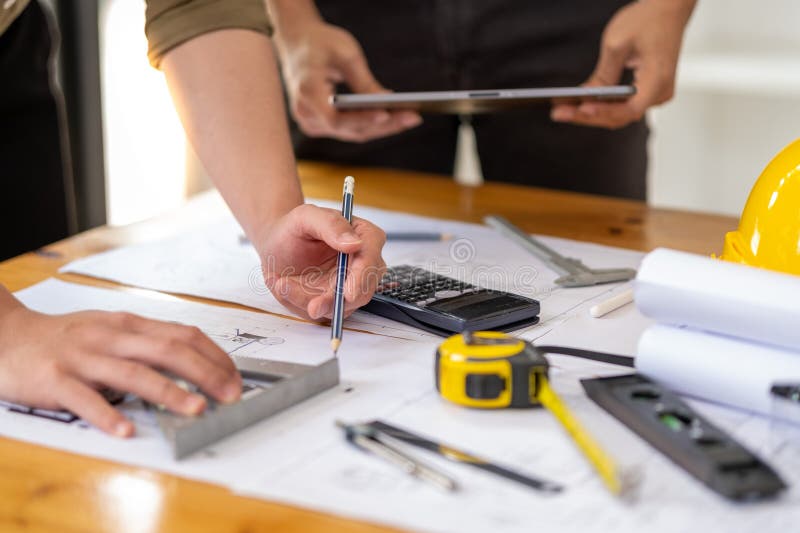 Young Engineer Architect Sketching Drawing Project Plan Building ...