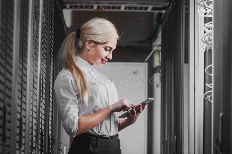 Young Engineer Businesswoman in Network Server Room Stock Photo - Image ...