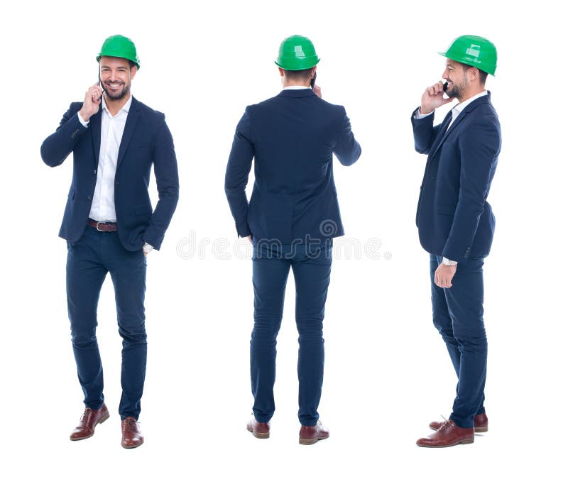 Young Engineer Calling by Phone, Front, Side, Rear View, Isolate Stock ...