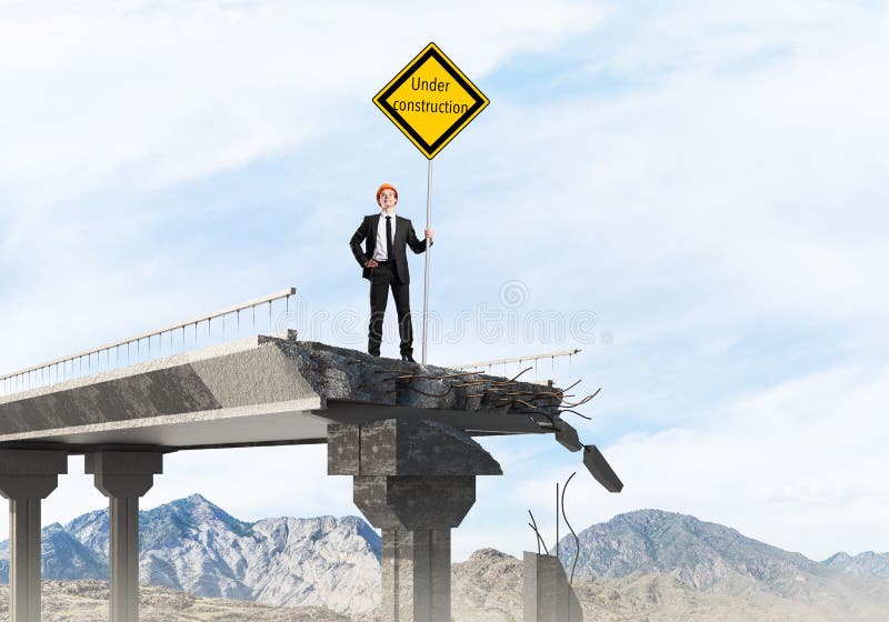 Confident Engineer Holding Street Safety Sign. Stock Image - Image of ...