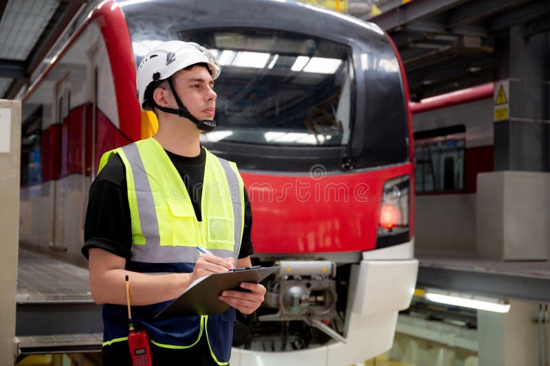 Young Engineer Man or Worker Checking Electric Train for Planning ...