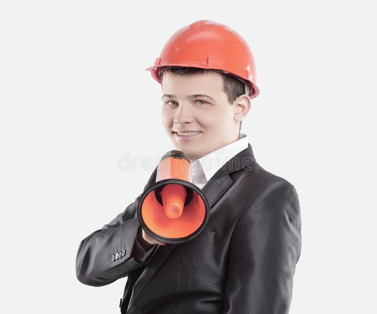 Young Engineer with a Megaphone.isolated on White Stock Photo - Image ...