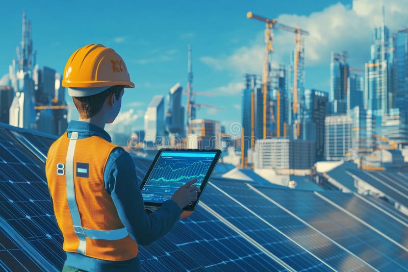 Young Engineer Monitors Solar Panels and Urban Construction Projects ...