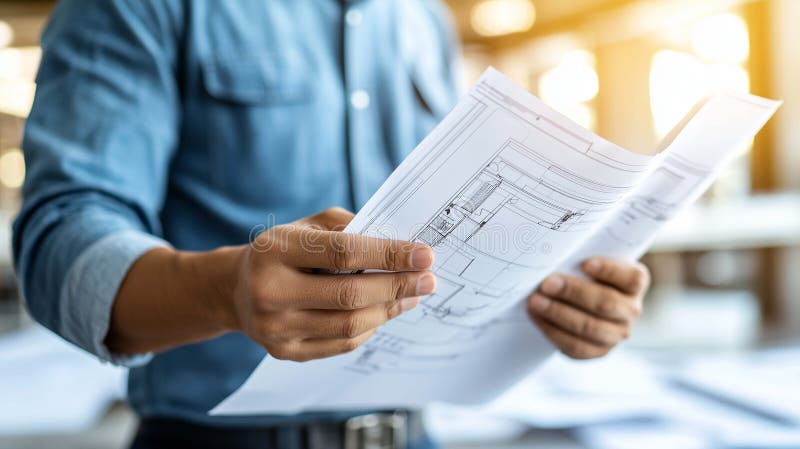 Young Engineer Reviewing Building Structure Plans with a Focused Gaze ...