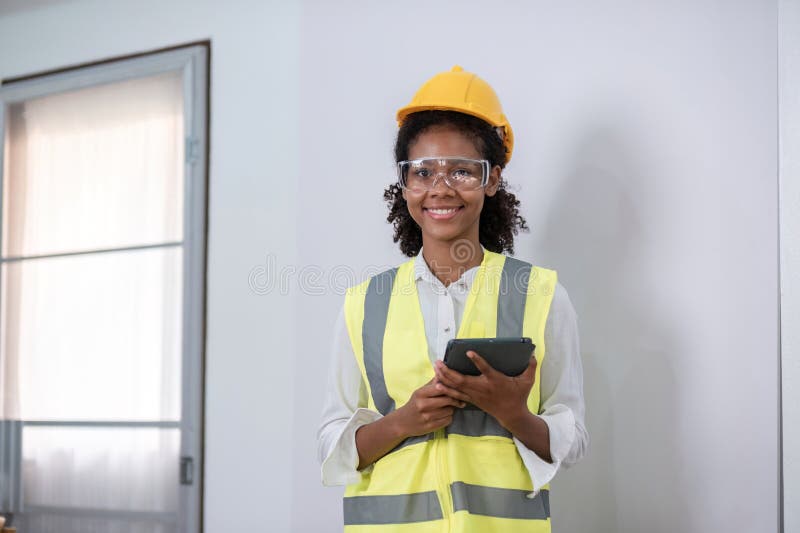 Young Engineer at Construction Site with Tablet and Safety Gear ...