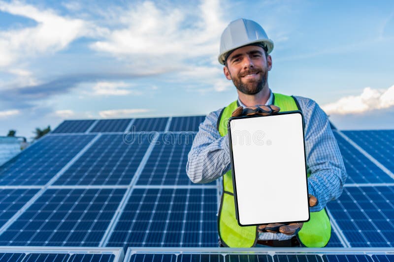 Young Engineer Showing a Tablet with Blank Empty Screen, Smiling ...