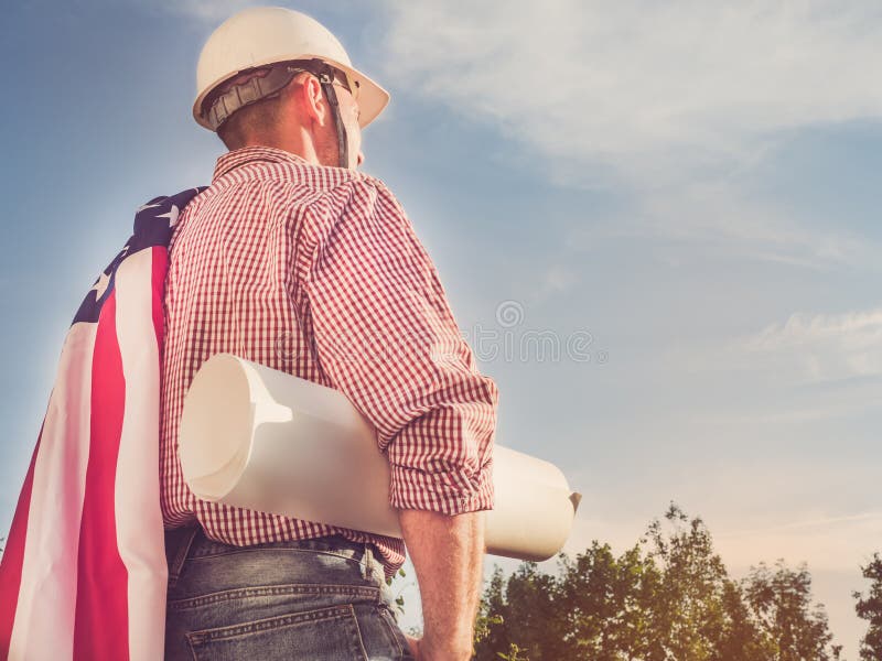 Young Engineer, White Hardhat and American Flag Stock Photo - Image of ...