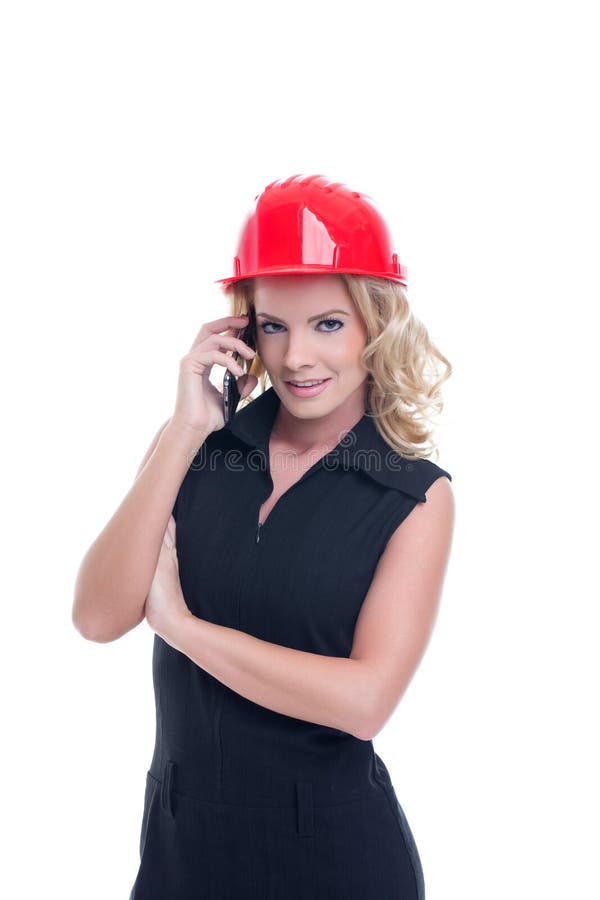 Young Engineer Woman in Red Helmet Calling Isolated Stock Photo - Image ...
