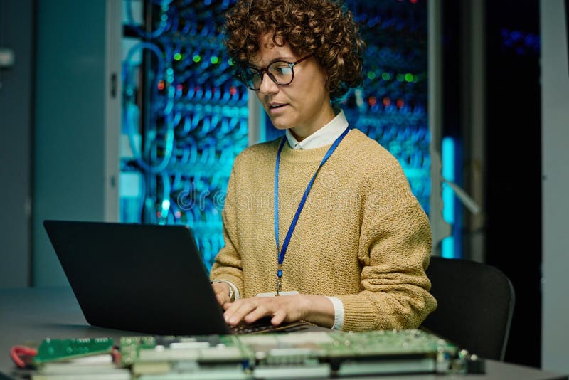 Engineer Woman Working with Laptop in Data Center Stock Image - Image ...