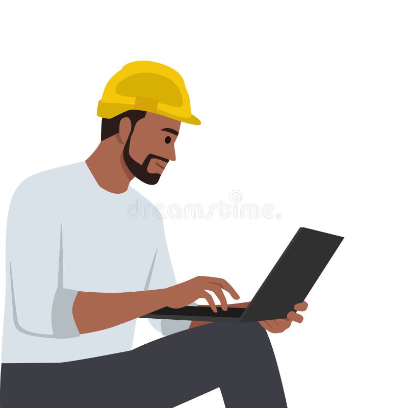 Young Engineer in Work Uniform Using Laptop Computer with Spreadsheet ...