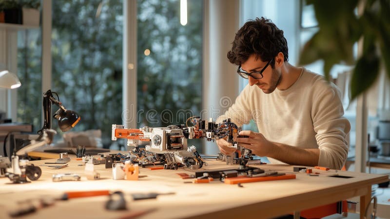 Young Engineer Working on Advanced Robotics Project in Modern Workspace ...