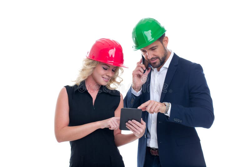 Young Engineers with Mobile Communication Devices Isolated on White ...