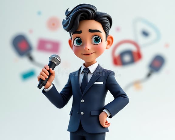 Young Entertainer Holds Microphone while Presenting Engaging ...