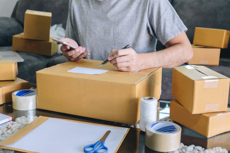 Young Entrepreneur SME Freelance Man Using Smartphone Receive Order ...